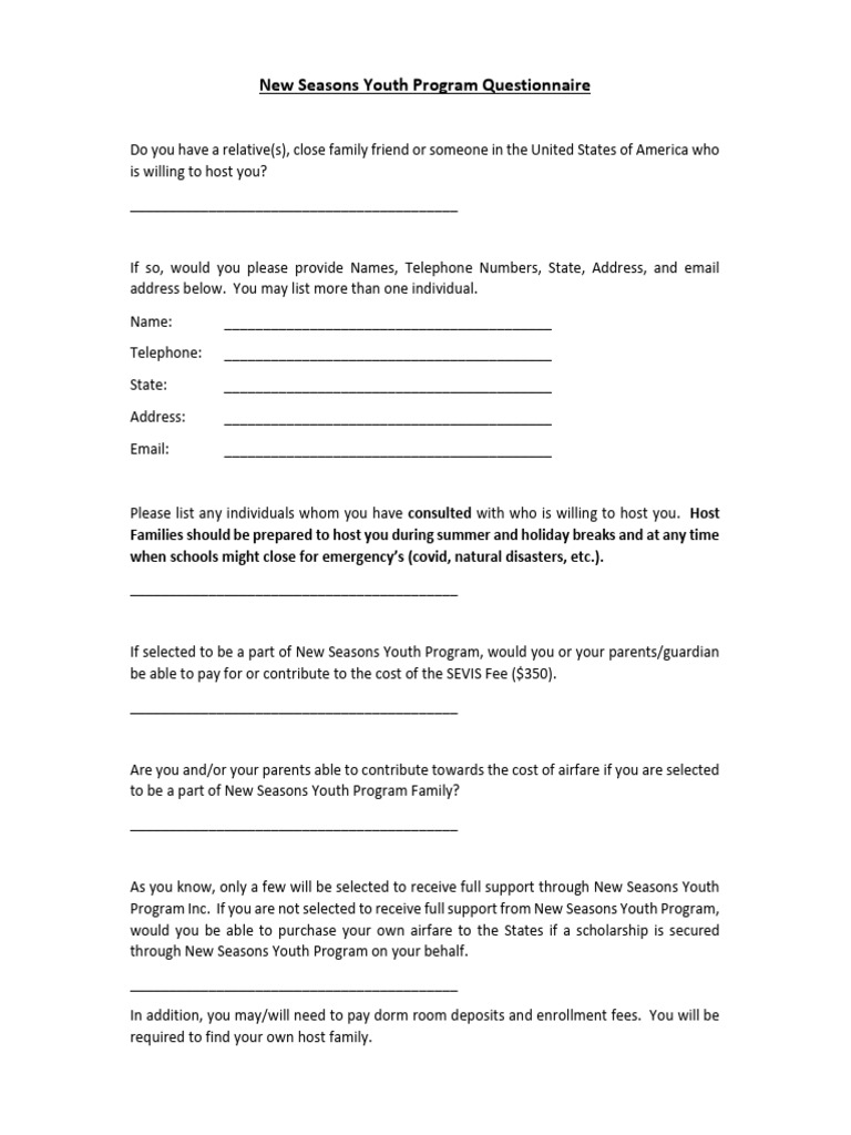 New Seasons Youth Program Questionnaire 2024 | PDF | Career & Growth