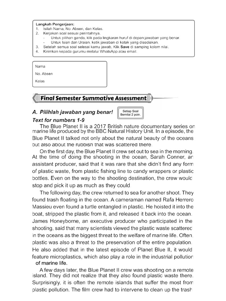 SMP Bahasa Inggris 8 Final Semester Summative Assessment | PDF | Whales