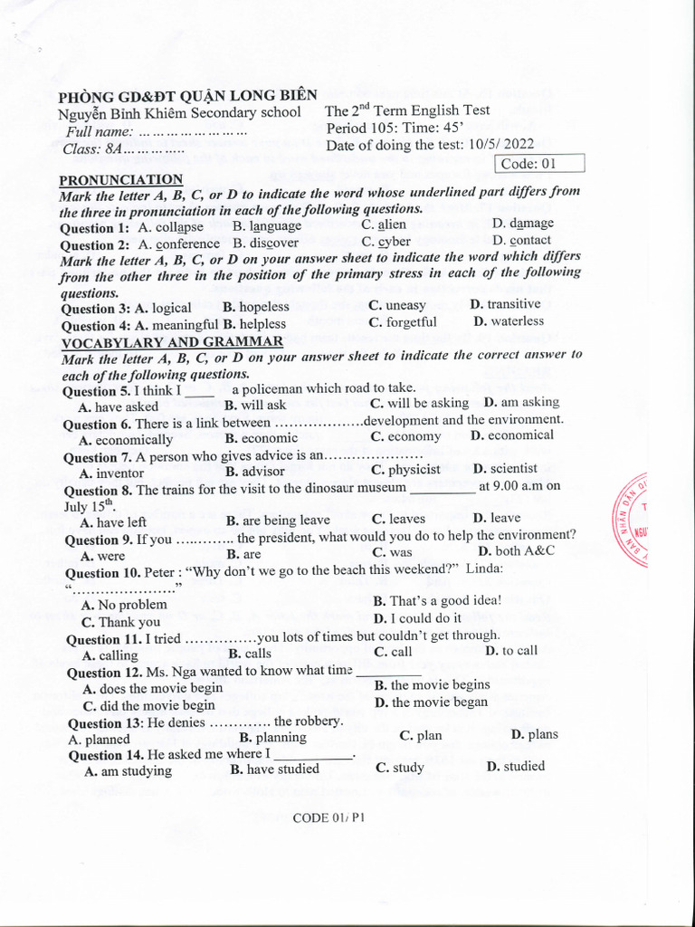 De A 8 Cuoi Ki 2 - 06062022 | PDF