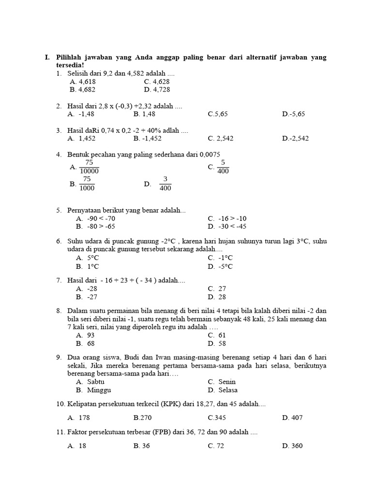 Soal Mtk Kelas 7 Revisi (1) | PDF