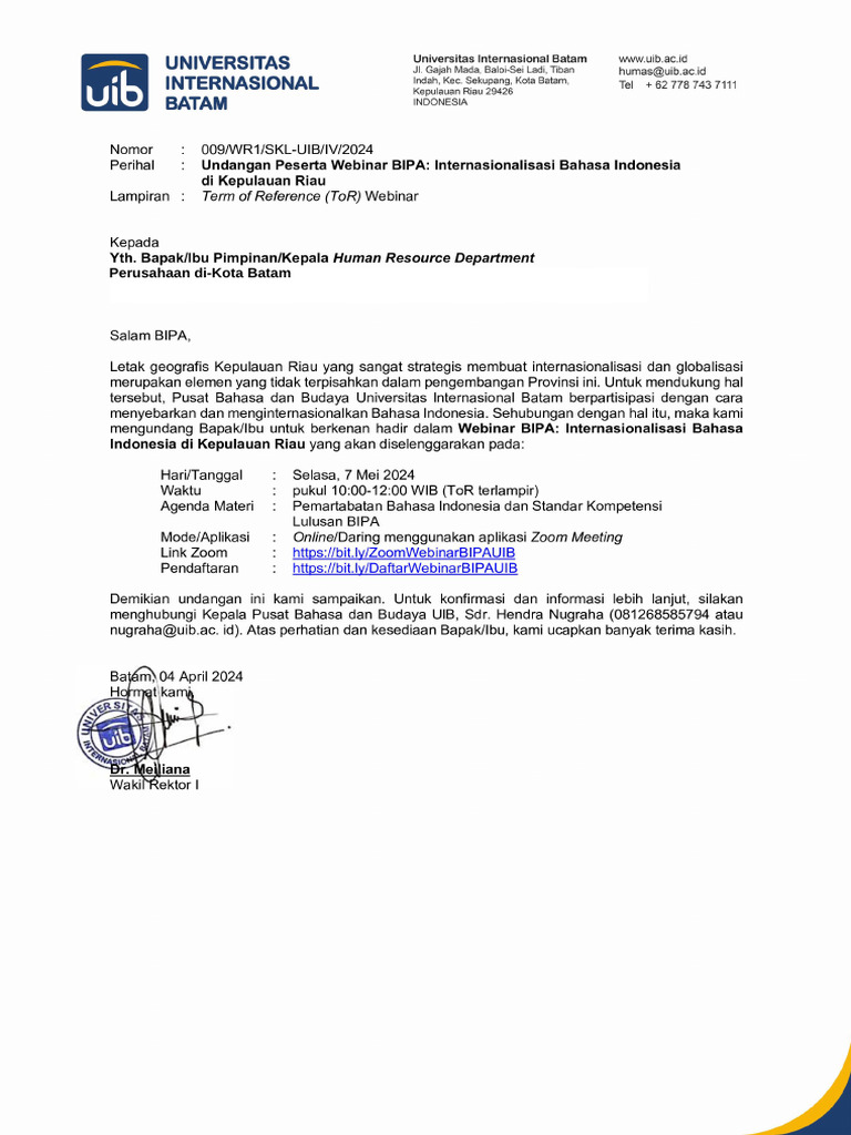 Surat Undangan Peserta Webinar BIPA UIB - HRD Perusahaan Di-Kota Batam | PDF