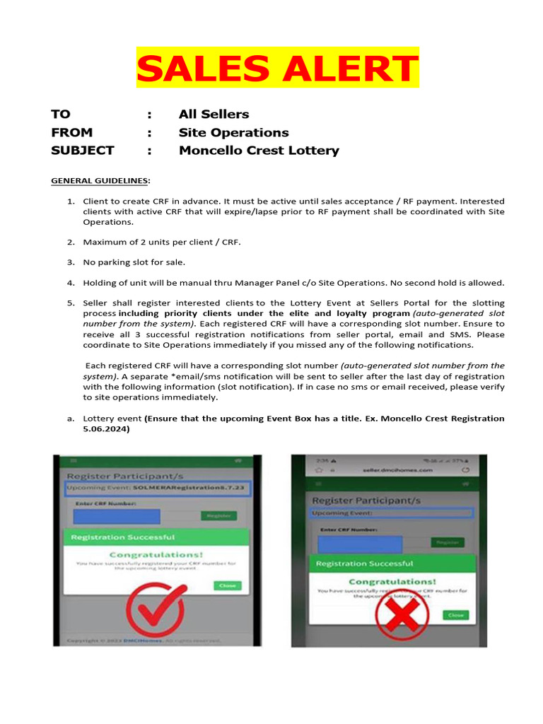 Sales Alert Moncello Crest Lottery Guidelines, Registration Manual ...