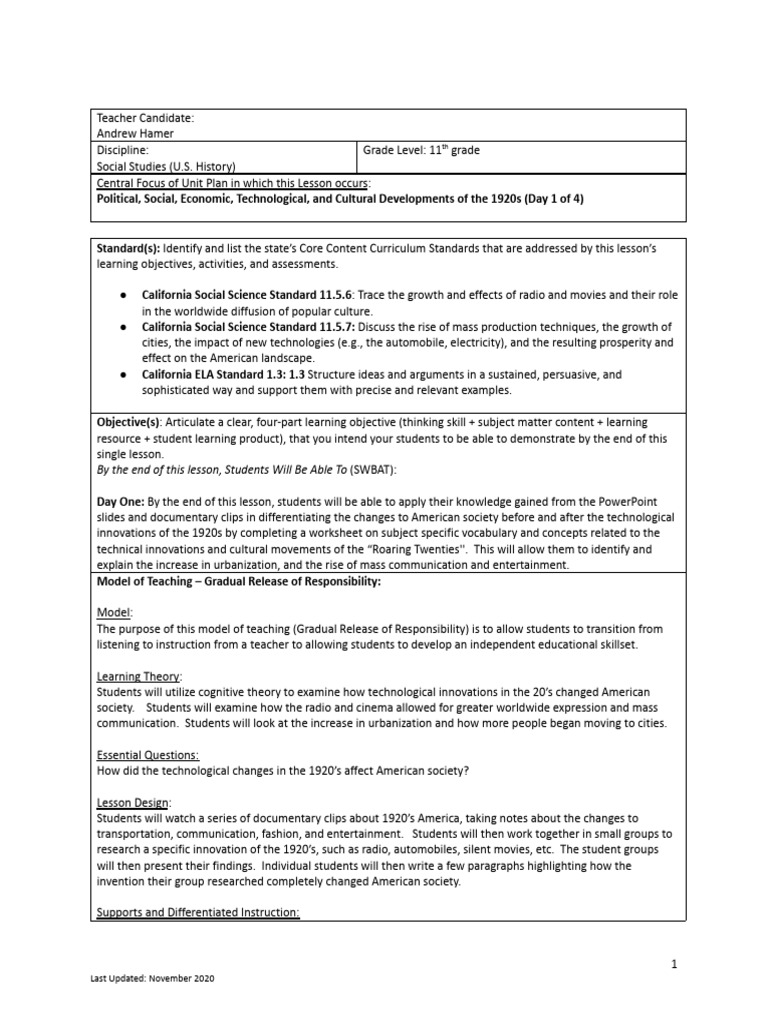 1920s Lesson Plans Day 1-4 | PDF | Rubric (Academic) | Learning