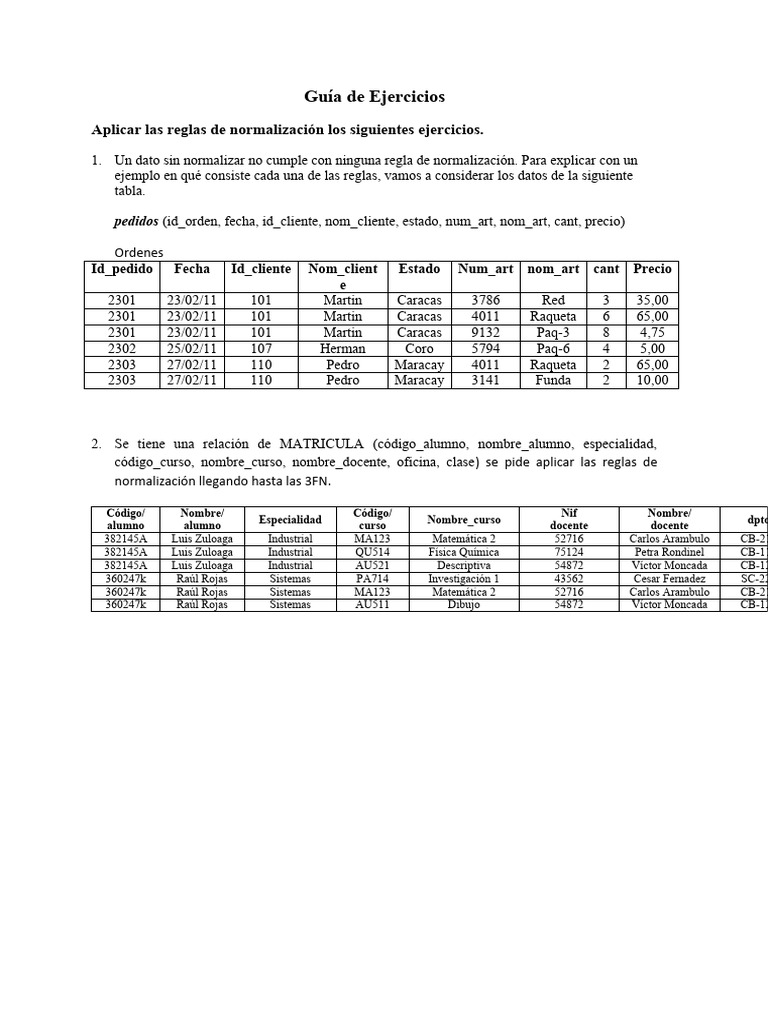Guía de Ejercicios Normalizacion | PDF