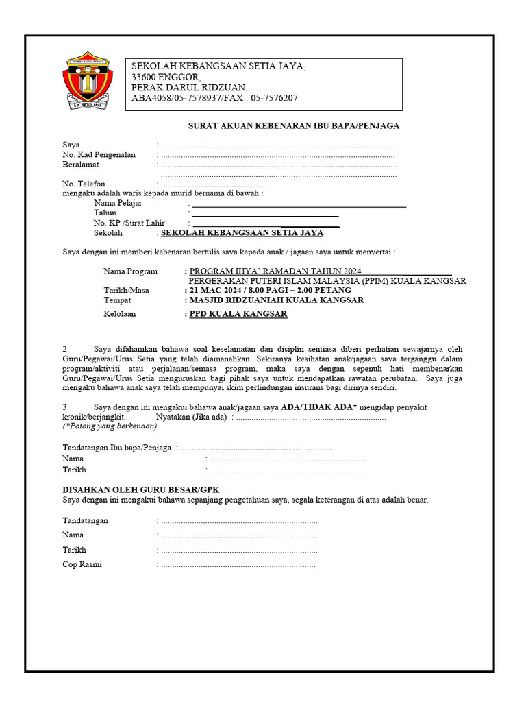 Surat Kebenaran Ibu Bapa | PDF