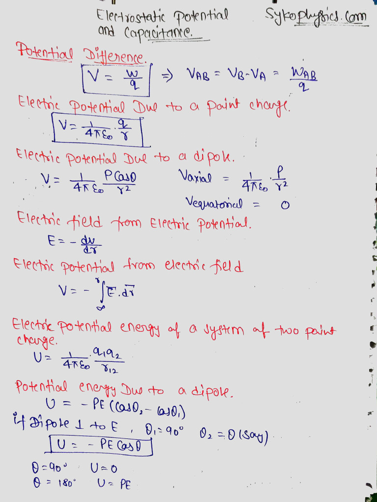 Formula Sheet Electric Potential and Capacitance Class 12 Physics | PDF