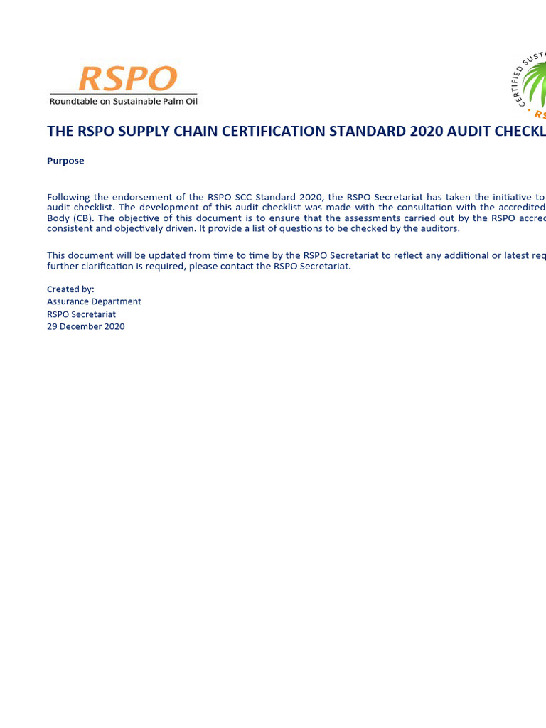 Rspo Supply Chain Certification Standard 2020 Checklist | PDF | Audit ...