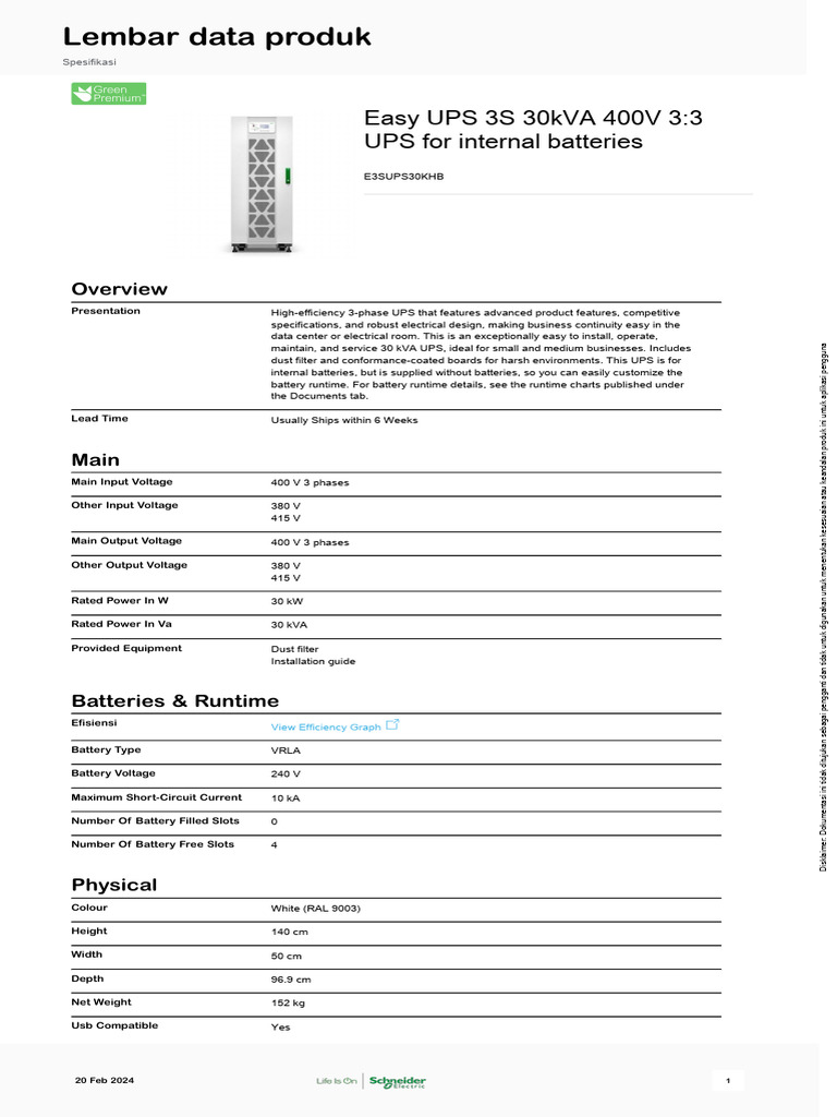Schneider Electric - Easy-UPS-3S - E3SUPS30KHB | PDF | Mains ...