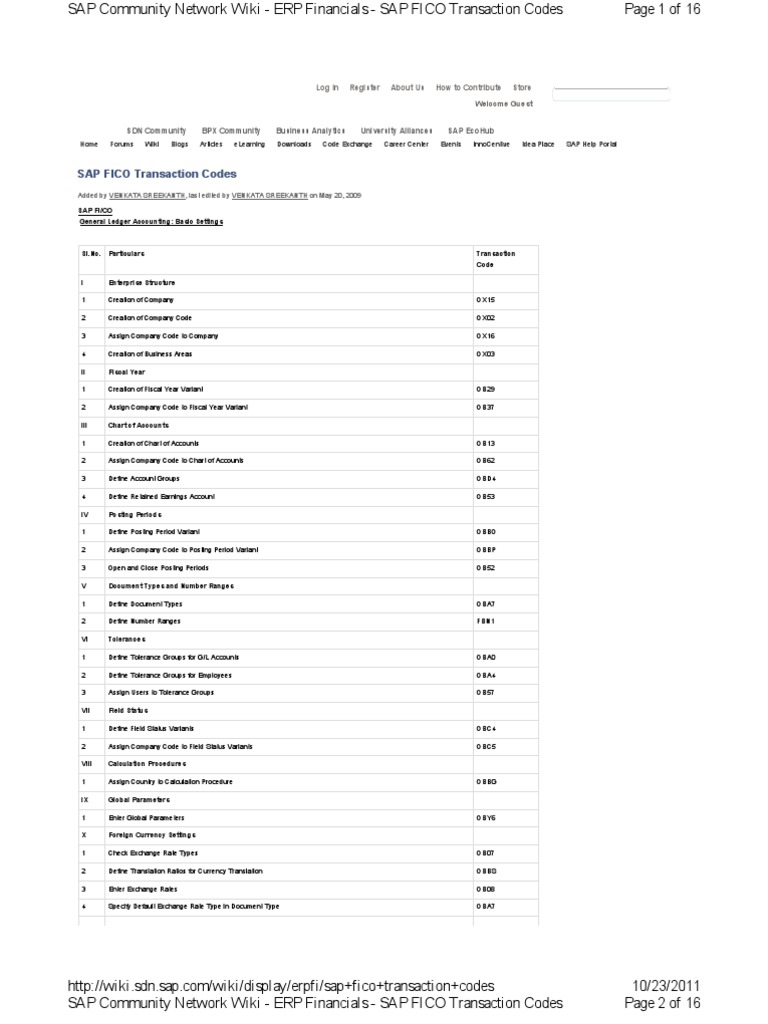 Sap Fico Transaction Codes | PDF