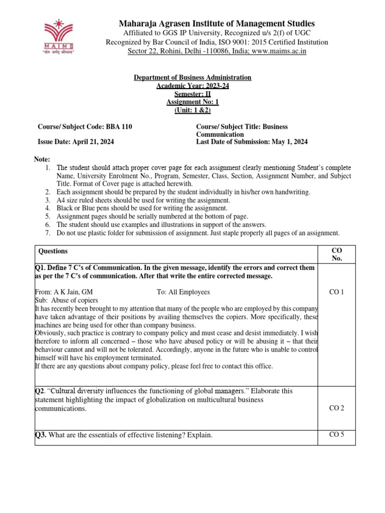 Business Communication Assignment Guide | PDF