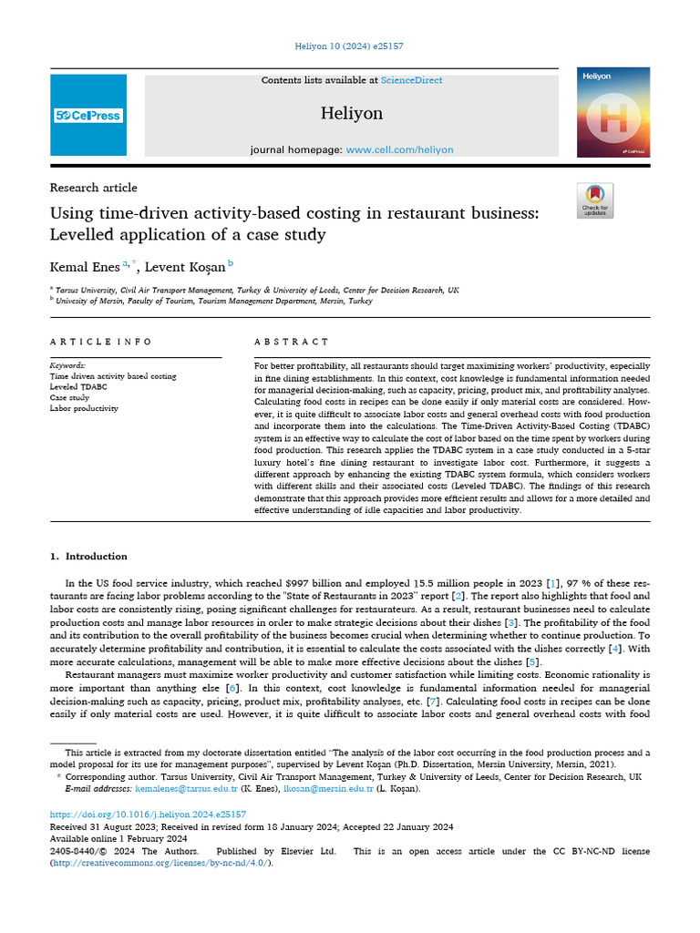 Using Time Driven Activity Based Costing In Restaurant Business