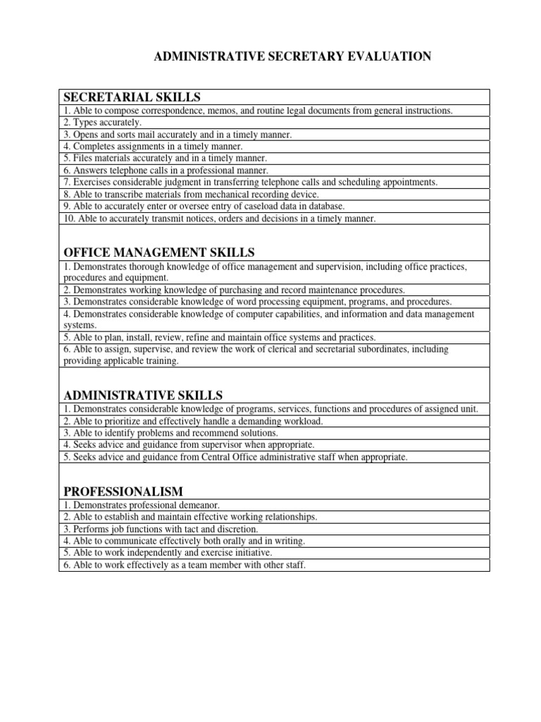 Administrative Secretary Evaluation Criteria | PDF