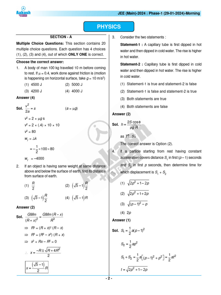 Physics Ans and Sol JEE Main 2024 Phase 1-29-01 2024 Morning | PDF ...