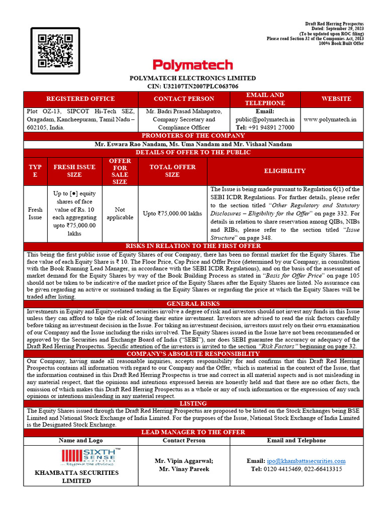 Polymatech Electronics IPO Prospectus | PDF | Stocks | Investing