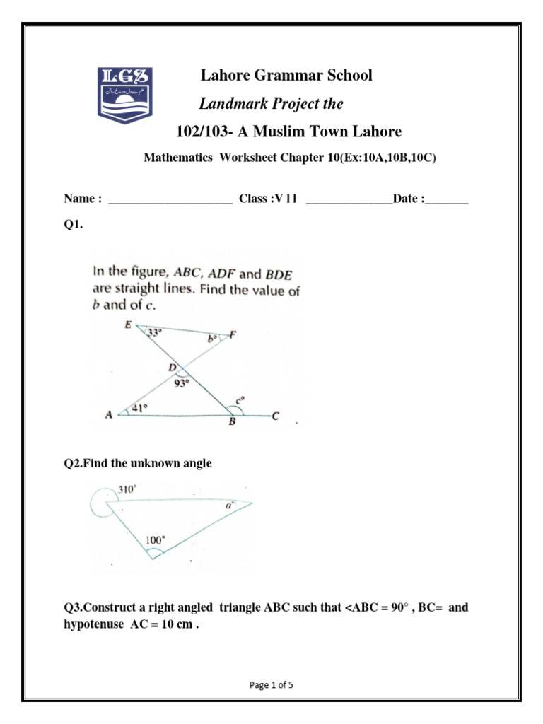 Mathematics Worksheet for Class VII | PDF
