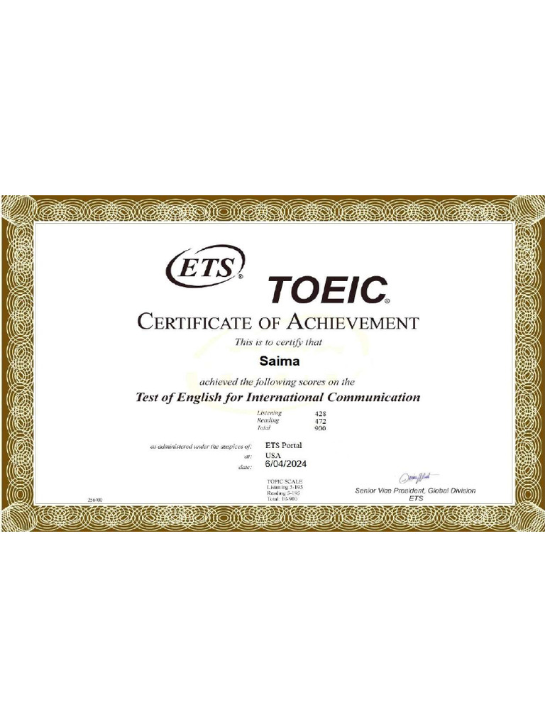 ETS - TOEIC - CERTIFICATE Saima | PDF