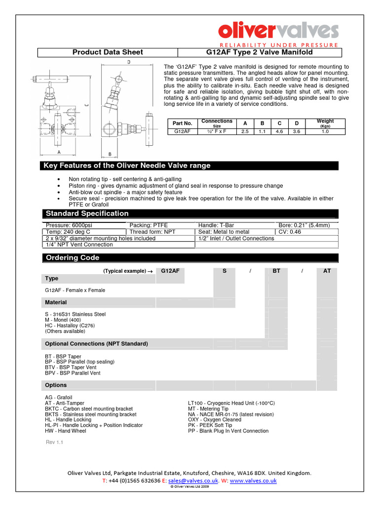 Oliver Valves-G12AFS_NA-Datasheet | PDF | Valve | Mechanical Engineering
