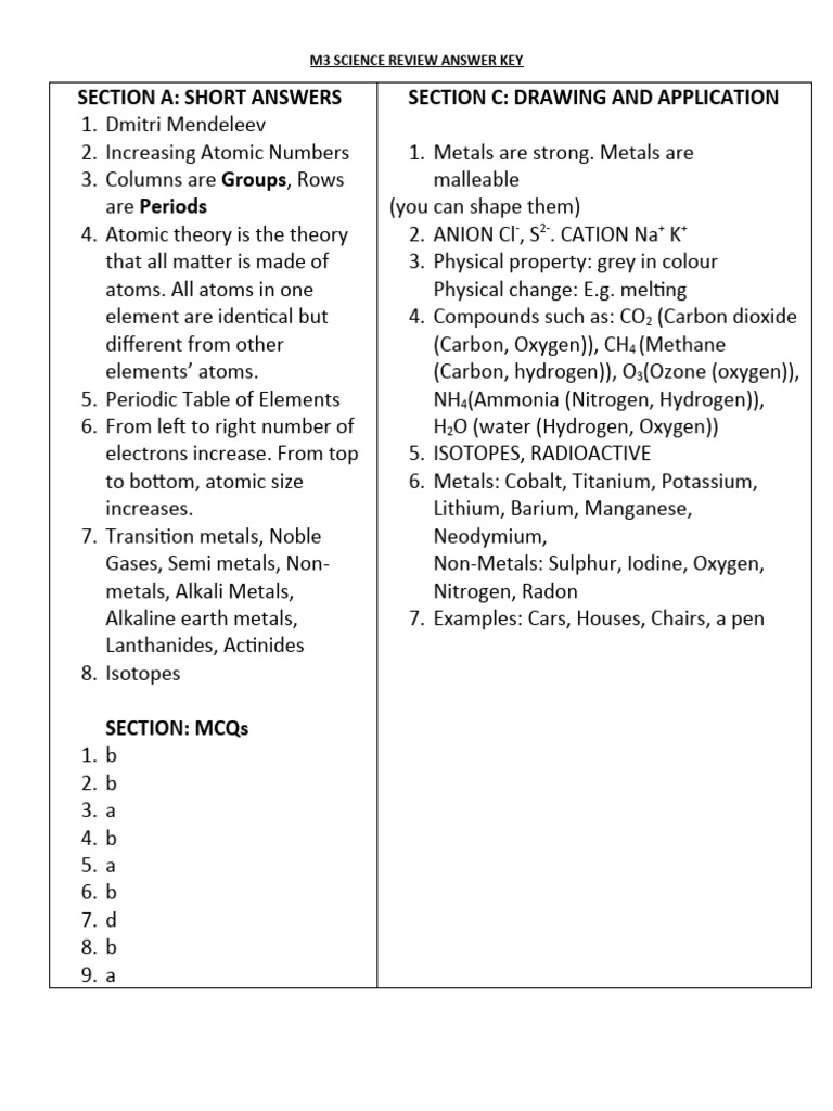 M3 Science Review Answer Key - em NT | PDF