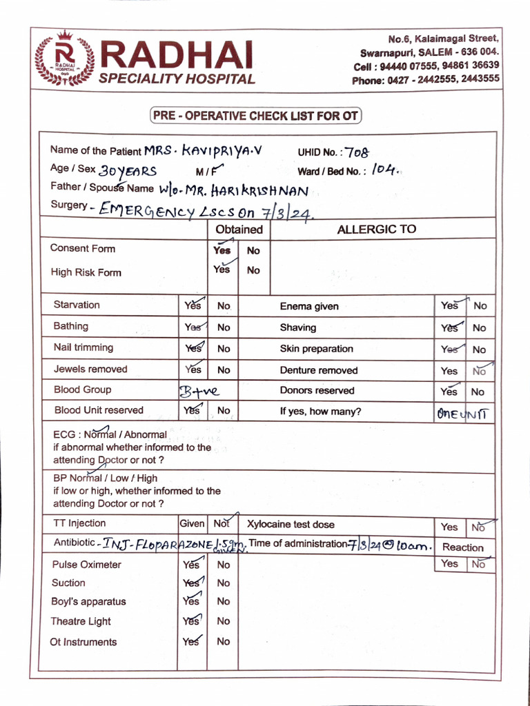 Pre Operative Check List For Ot | PDF | Diseases And Disorders | Health ...