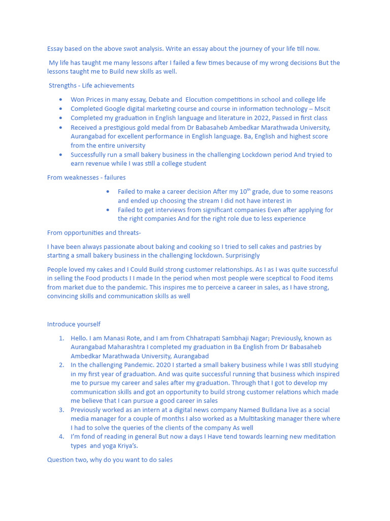 Essay Based On The Above Swot Analysis | PDF | Knowledge | Microsoft Excel