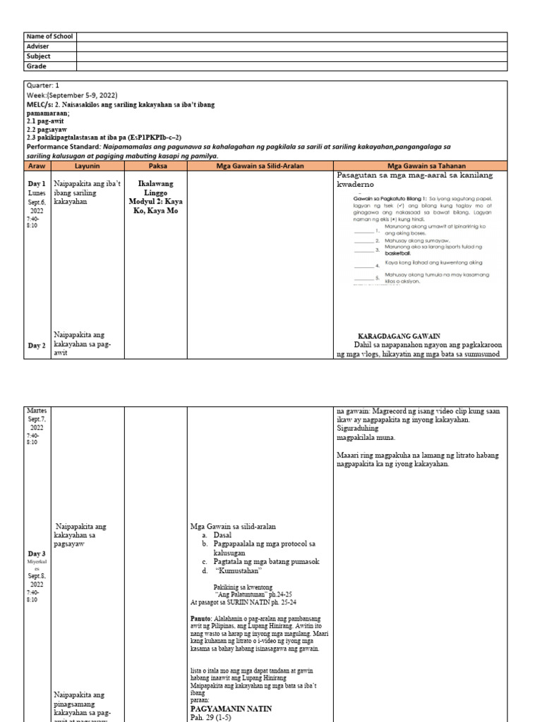 ESP WLP Week 2 Q1 SET B | PDF