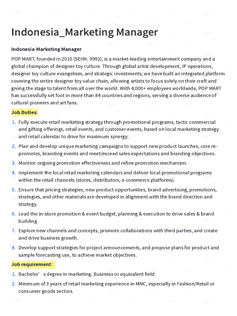 POP MART (Indonesia) - Marketing Manager | PDF | Retail | Brand