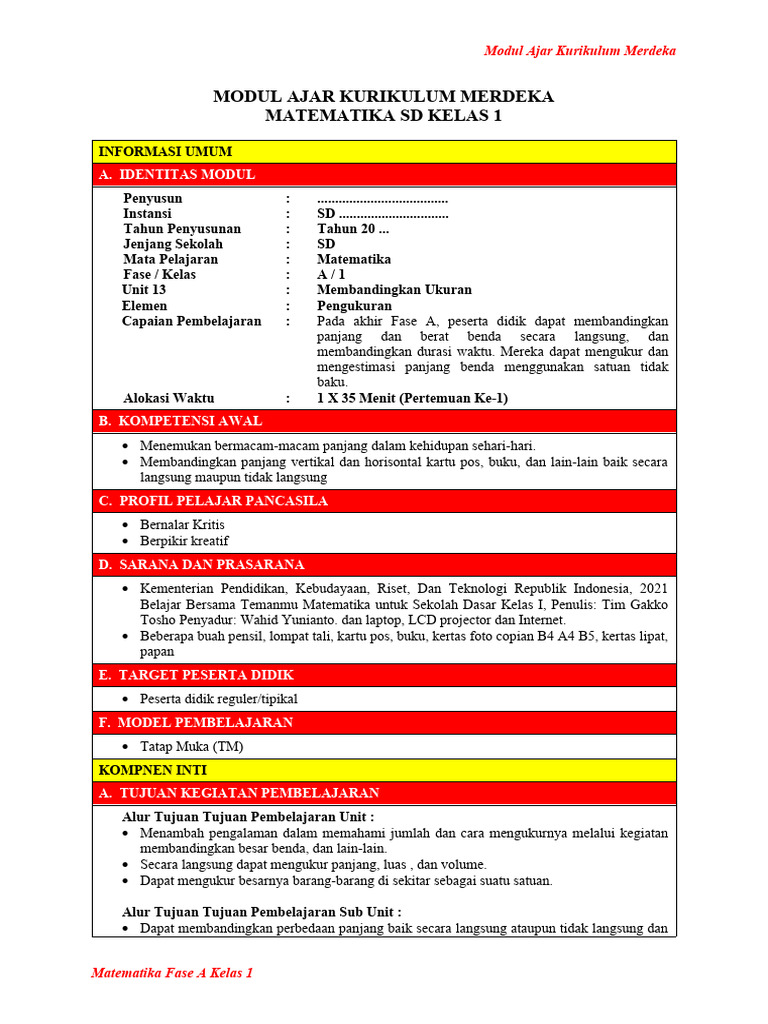 Modul Ajar Unit 13 Membandingkan Ukuran | PDF
