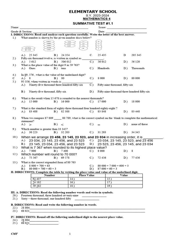MATH - ST-1 - Q1 Upload | PDF | Mathematics | Arithmetic