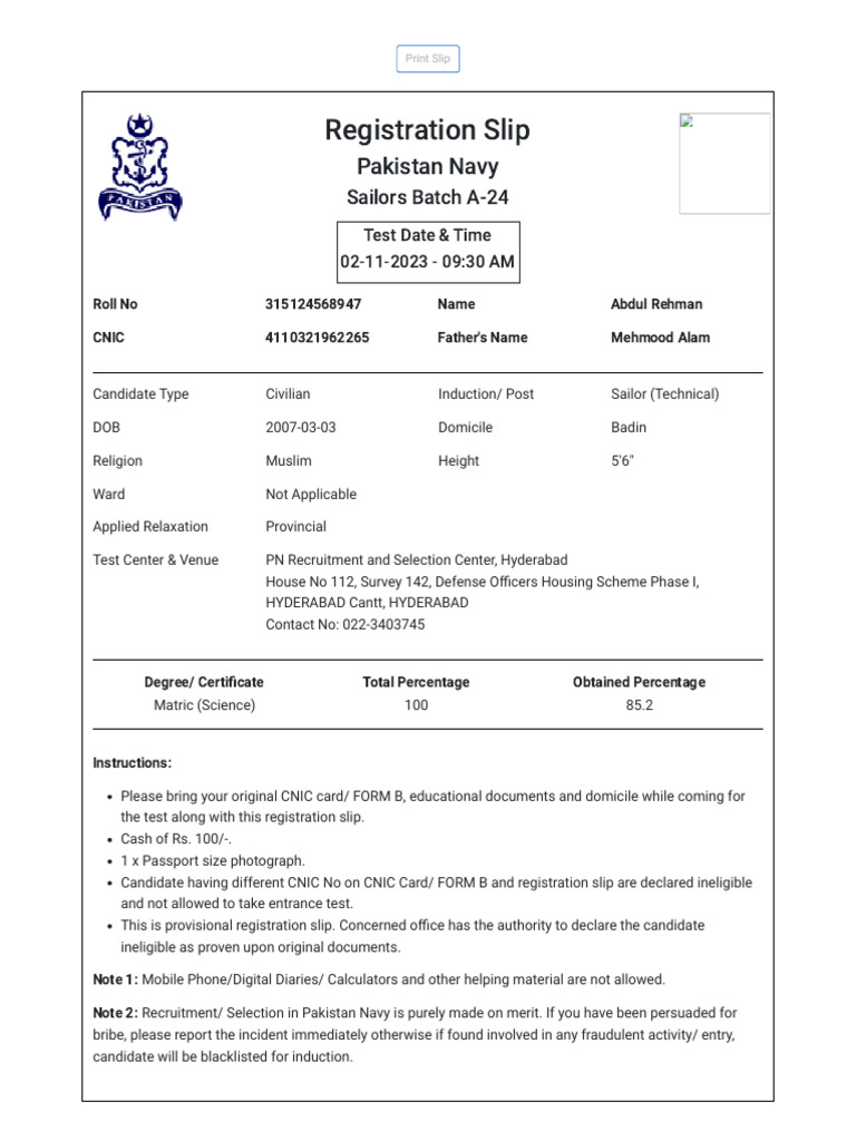 Registration Slip: Pakistan Navy | PDF