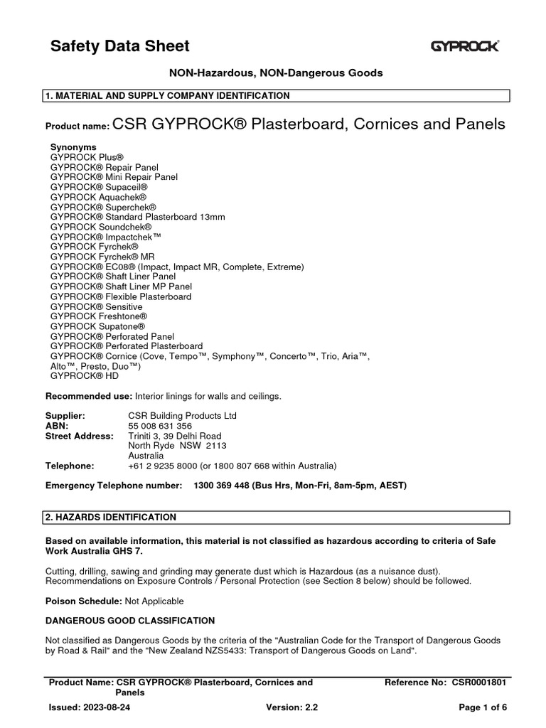 CSR Gyprock-Sds-Plasterboard Cornices and Panels | PDF | Toxicity ...