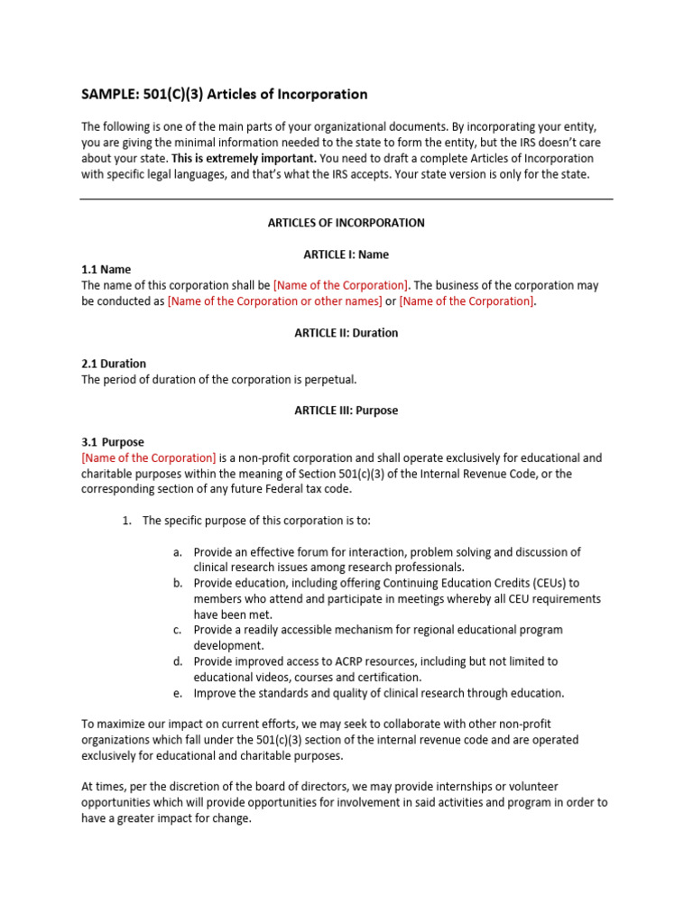 501(c)(3) Articles of Incorporation Template | PDF | 501(C ...