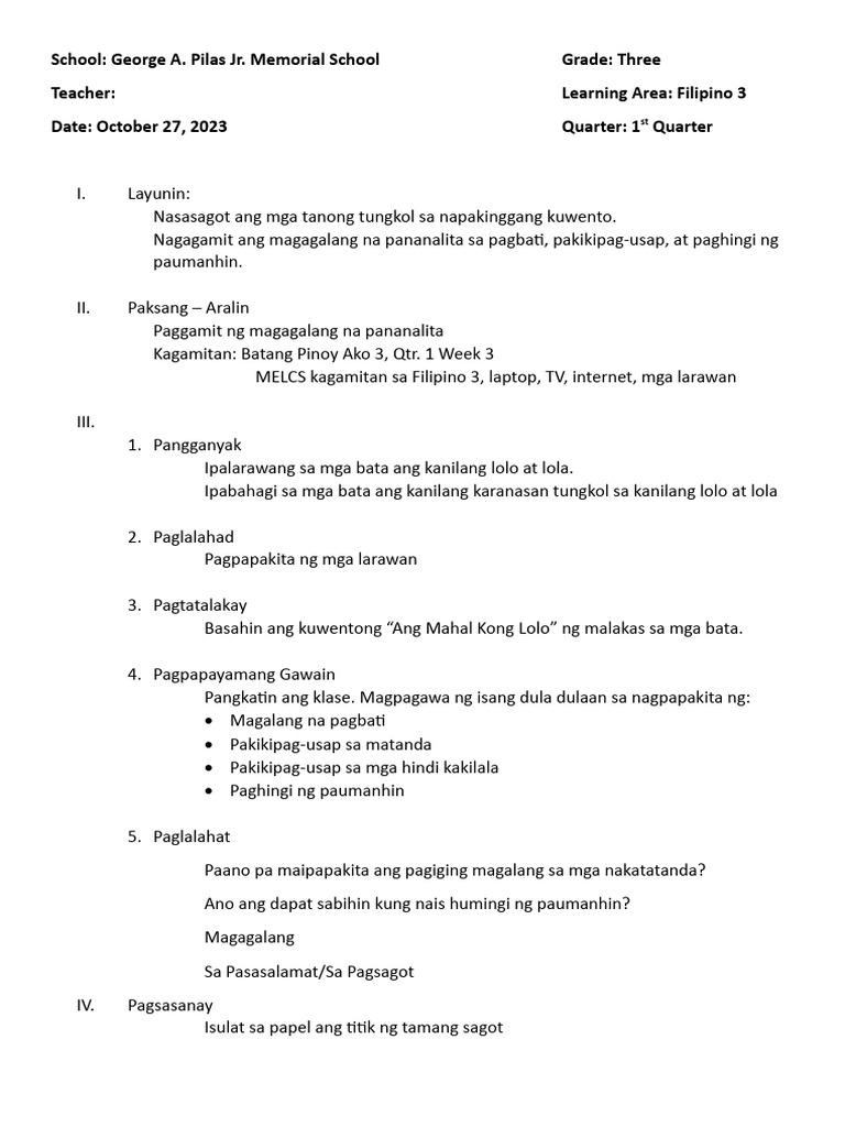 Lesson Plan Filipino 3, 1st Quarter | PDF