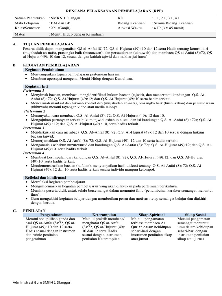 RPP Pai Kelas X Ganjil Genap | PDF
