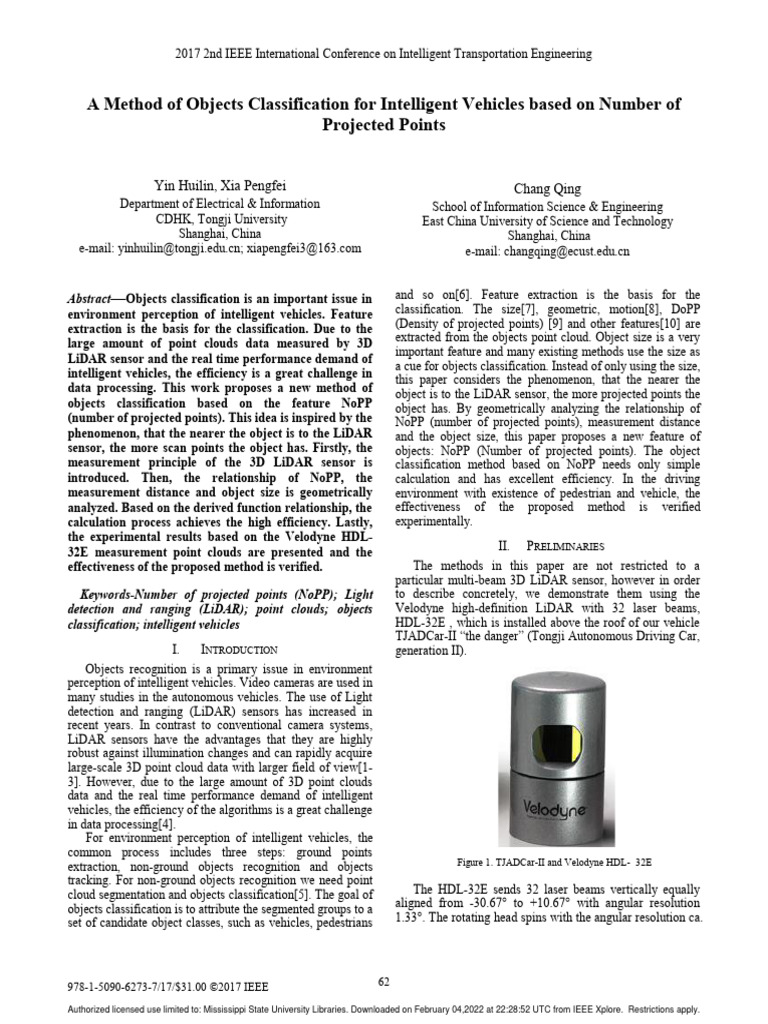 A Method of Objects Classification For Intelligent Vehicles Based On Number of Projected Points ...
