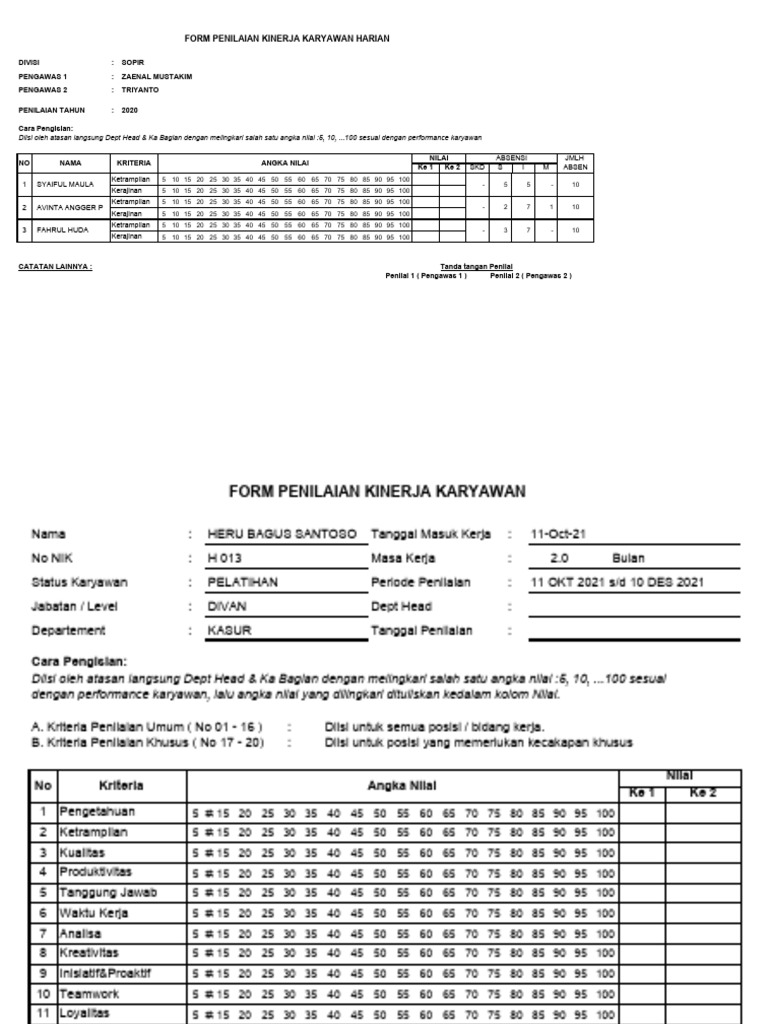 Form Penilaian Kinerja Sopir 2020 | PDF