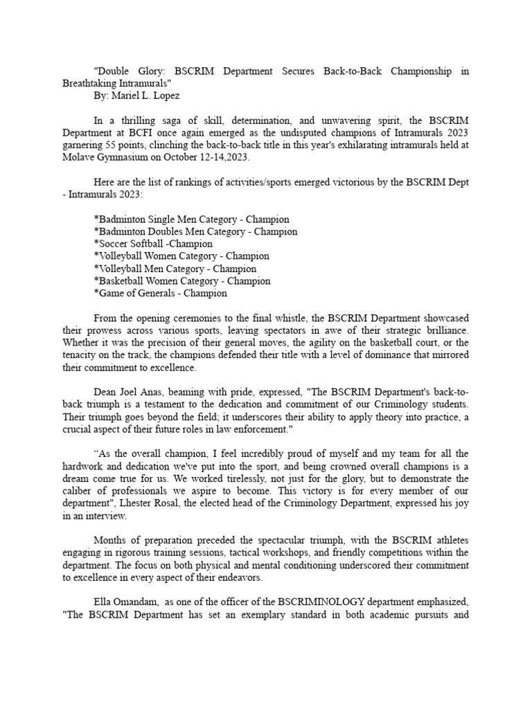 BSCRIM Overall Champion Intramurals 2023 | PDF | Sports & Recreation