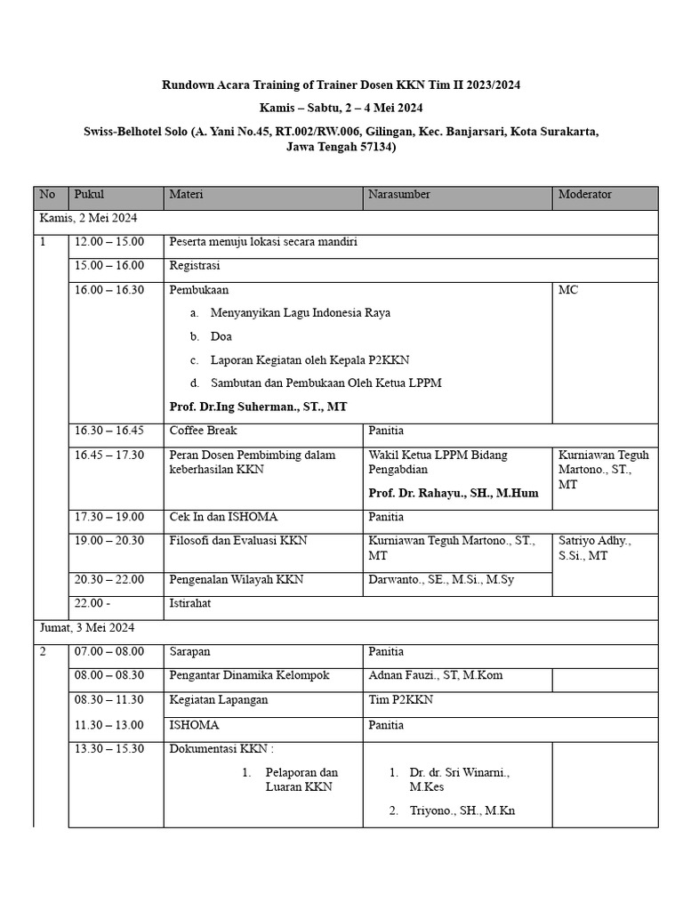 Rundown Acara Training of Trainer Dosen KKN Tim II 2023 | PDF