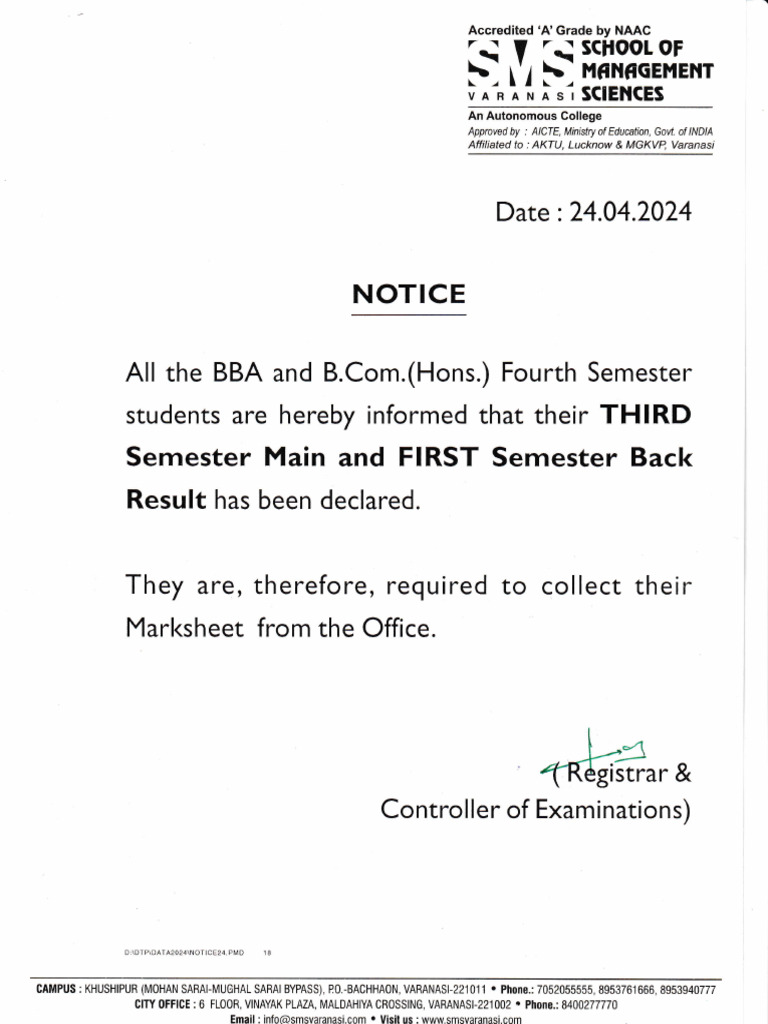Notice-Bba & B.com (Hons) Third Semester Main & First Sem Back Result ...