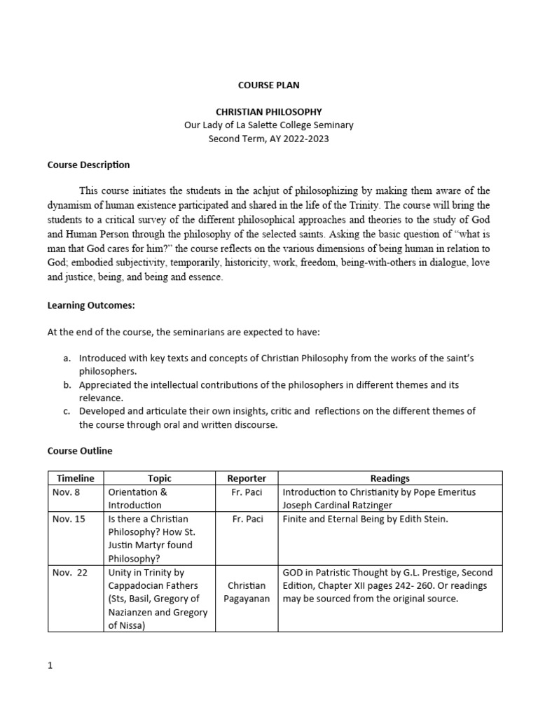 Course Plan - Xtian Philosophy | PDF | Thomas Aquinas | Trinity