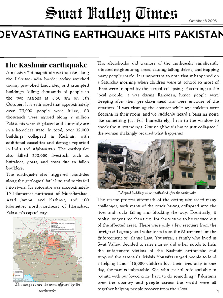 Kashmir Earthquake Newspaper Article | PDF | Seismology | Geological ...