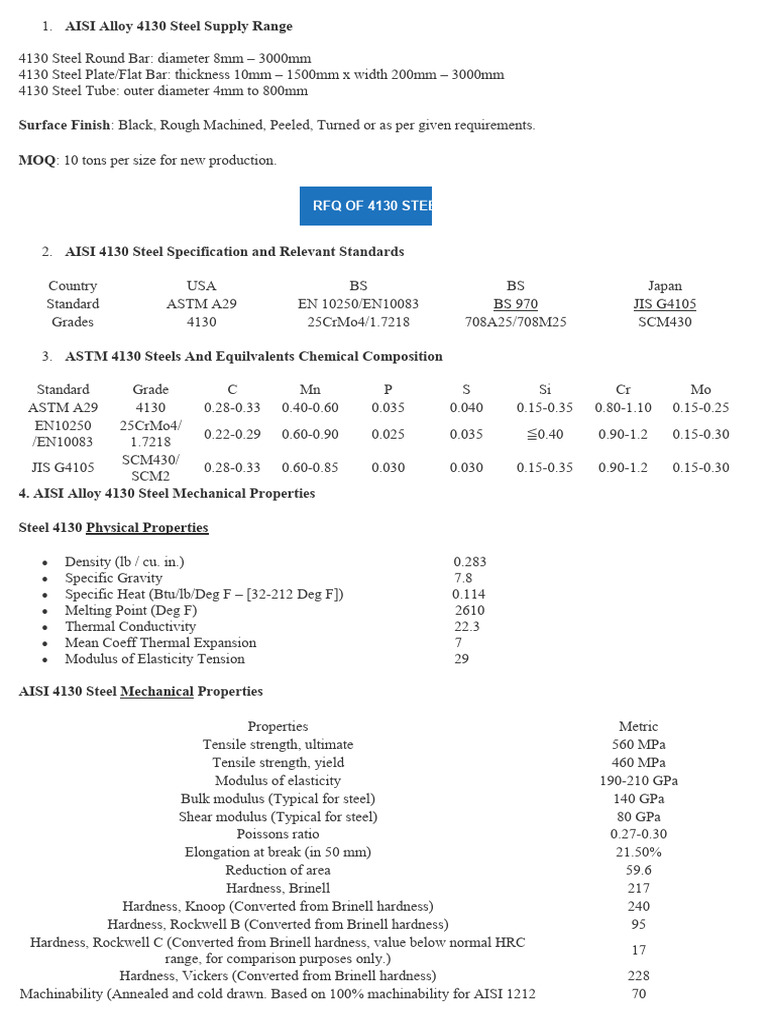 AISI 4130 Steel Specs & Applications | PDF | Heat Treating | Steel