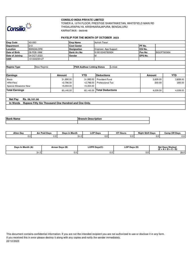 Pay Slip - 401060 - Oct-23 JDJ | PDF | Taxes | Public Finance