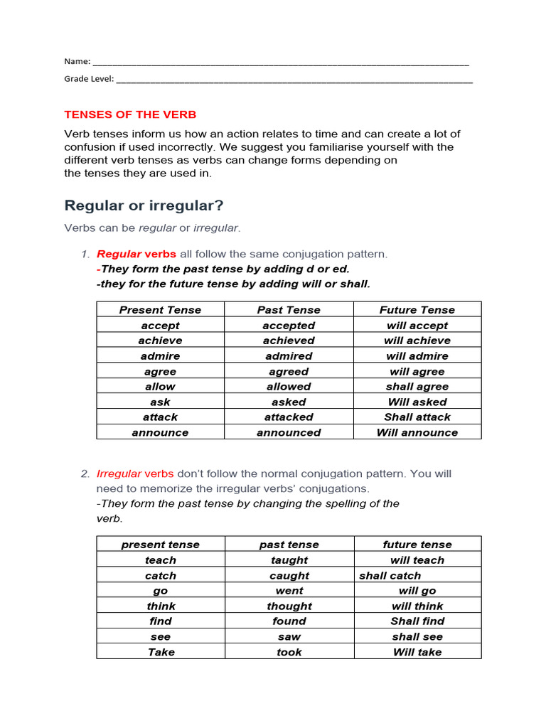 Tenses of The Verbs Worksheet | Download Free PDF | Grammatical Tense ...