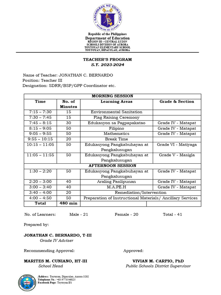 Toytoyan ES Teacher Schedules | PDF | Behavior Modification | Learning