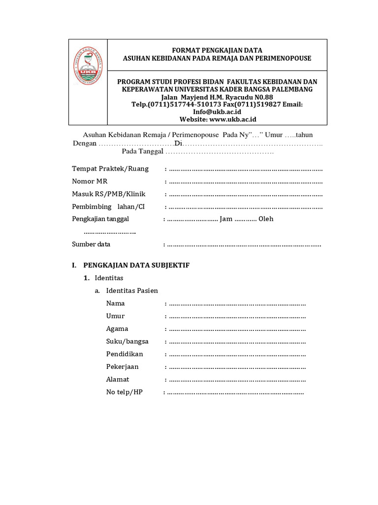 Format Pengkajian Data Askeb Remaja Dan Perimenopause | PDF