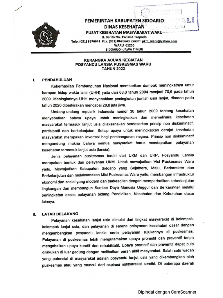 Kak Acuan Kegiatan Posyandu Lansia PKM Waru | PDF