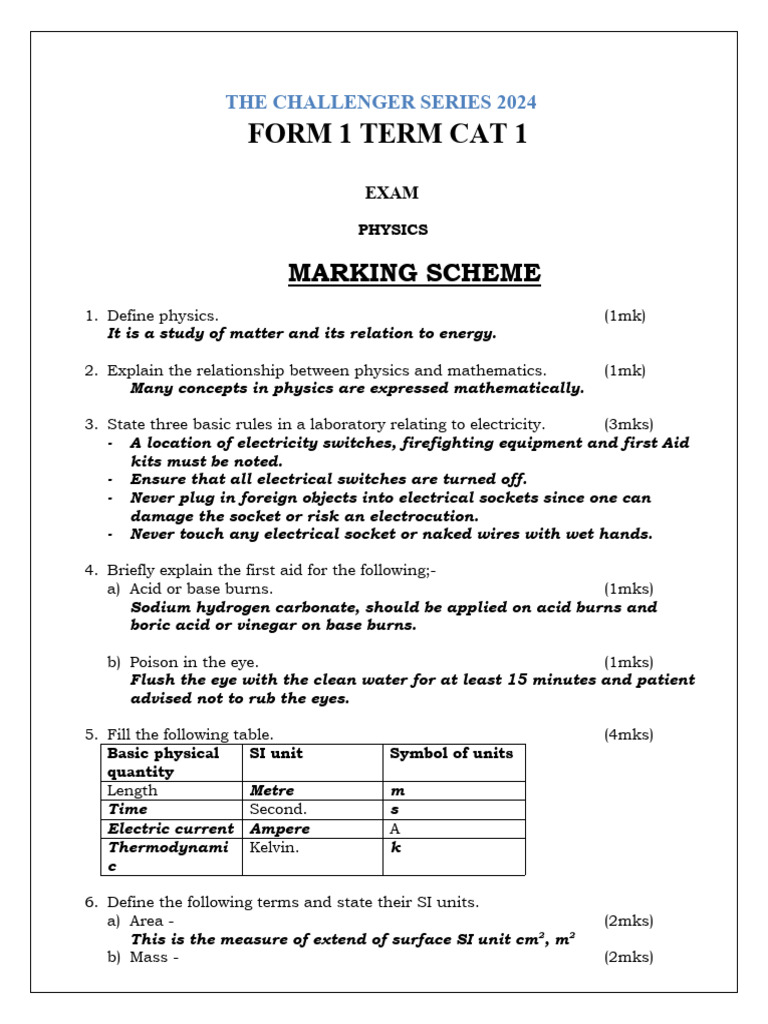 Set1 Phy Marking Scheme MidTerm 1 2021 Teacher - Co - .Ke F1 Exam | PDF | International System ...