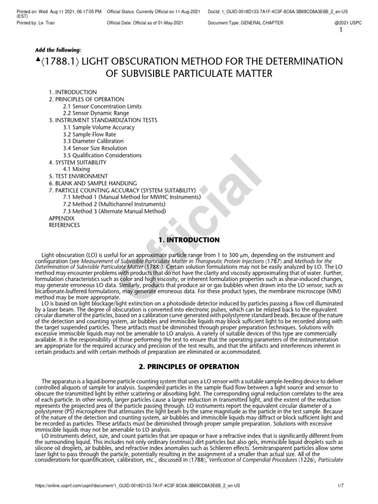 〈1788.1〉 LIGHT OBSCURATION METHOD FOR THE DETERMINATION OF SUBVISIBLE ...