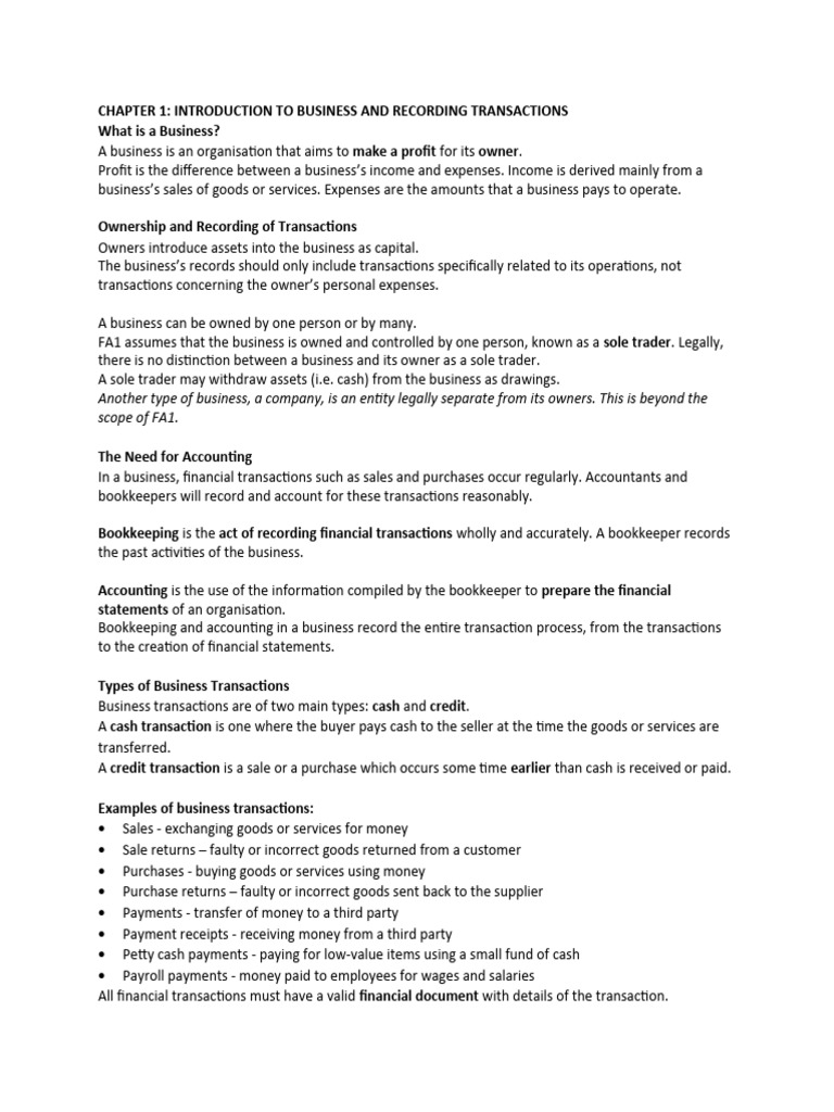 Chapter 1 - Introduction To Business and Recording Transactions | PDF | Taxes | Bookkeeping