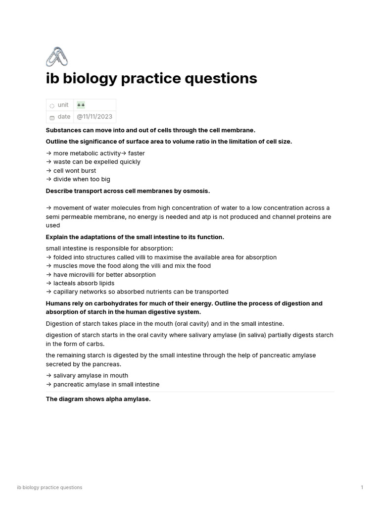 Ib Biology Practice Questions Unit 6 | PDF | Digestion | Neurotransmitter